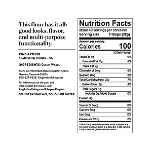 King Arthur Semolina Flour, Coarse Ground, High Protein Durum Wheat, Kosher, 3lbs,White