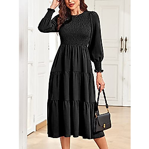 BBcoch Long Sleeve Midi Dress: Black Women's Casual Smocked Ruffle Boho Flowy Tiered Dresses