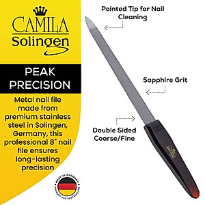 Camila Solingen CS19 8" Large Professional Sapphire Metal Nail File Pointed for Fingernail and Toenail Care. Double Sided Coarse Fine for Manicure / Pedicure. Made of Stainless Steel, Solingen Germany