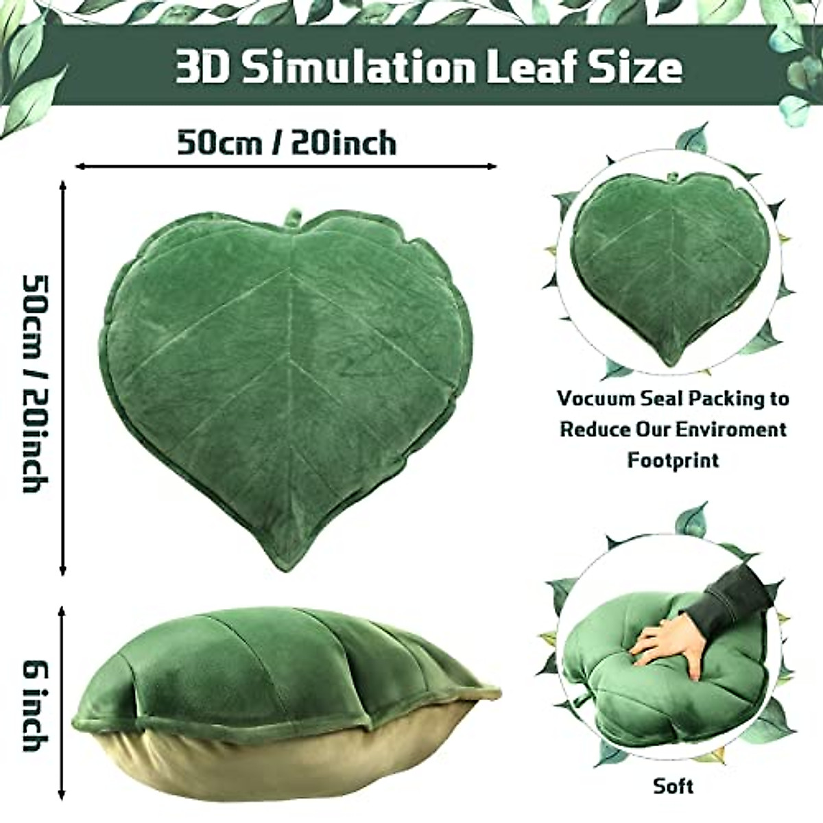 3 Pieces Leaf Pillow Leaf Shaped Throw Pillow Cushion 3D Leaves Soft Shaped Throw Pillow 20 x 20 Inches Decorative Sofa Cushion Green Plant Home Decoration for Car Bedroom Sofa Living Room, Green