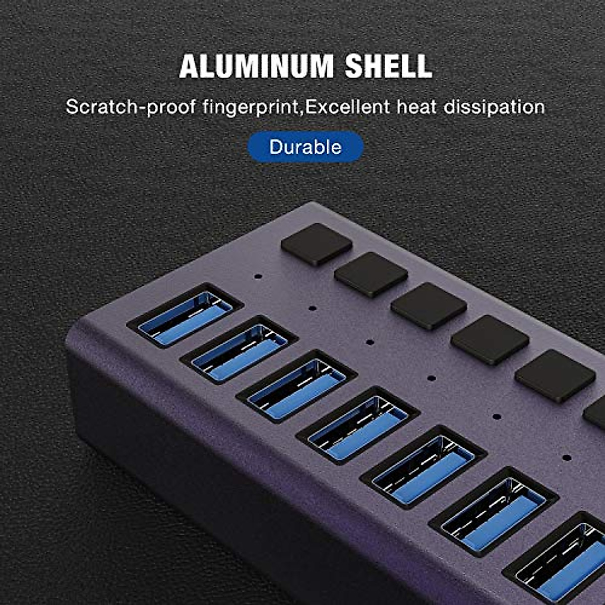 USB 3.0 Hub -7 Ports Powered USB Hub 36W USB Charging Hub with Individual On/Off Switches and 12V/3A Power Adapter and Light for PC, Laptop, Computer, Mobile HDD, Flash Drive and More（Purple）