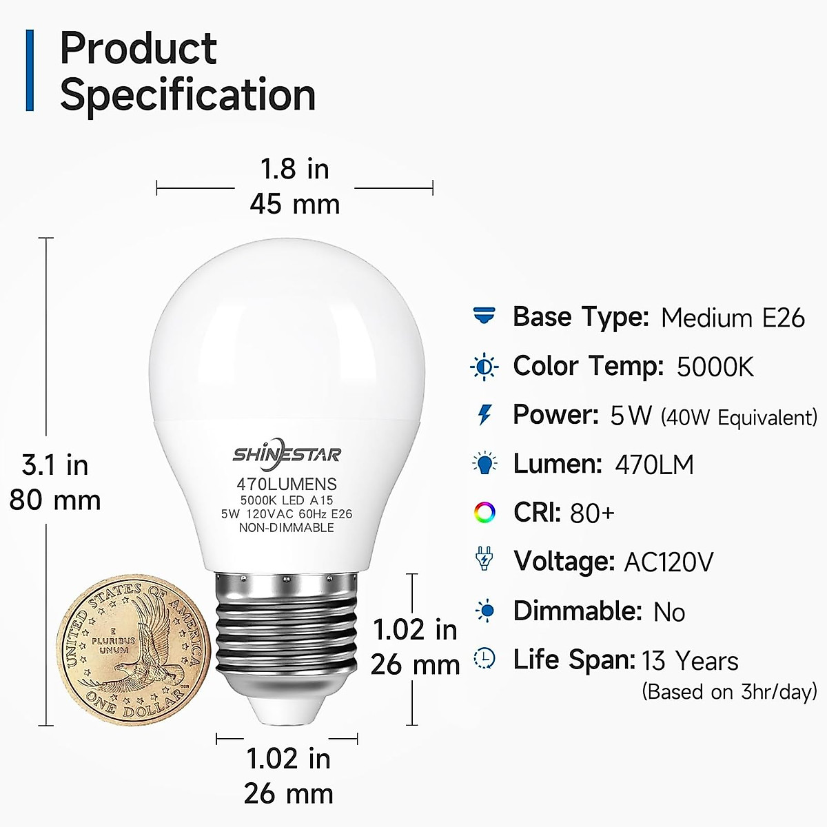 SHINESTAR 8-Pack Ceiling Fan Light Bulbs, A15 LED Bulb with E26 Base, 40W Equivalent, 5000K Daylight White, Non-Dimmable