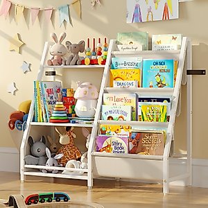Kids Bookshelf and Toy Storage Organizer, 2 in 1 Montessori Toddler Book Shelf for Kids Rooms, Nursery Bookcase, Easy Assembly, Includes Extra Side Pockets 11.8" D x 33.4" W x 29.5" H (White)