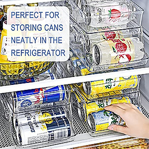 BYFU 2-Tier Foldable Soda Can Storage Organizer Set of 2, Automatic Rolling Plastic Beverage Can Dispenser, Clear Stackable Can Drink Holder Bin for Refrigerator Pantry Kitchen Countertop Cabinet