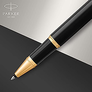 PARKER IM Rollerball Pen, Black Lacquer Gold Trim with Fine Point Black Ink Refill, Gift Box (1931659), Black and Gold