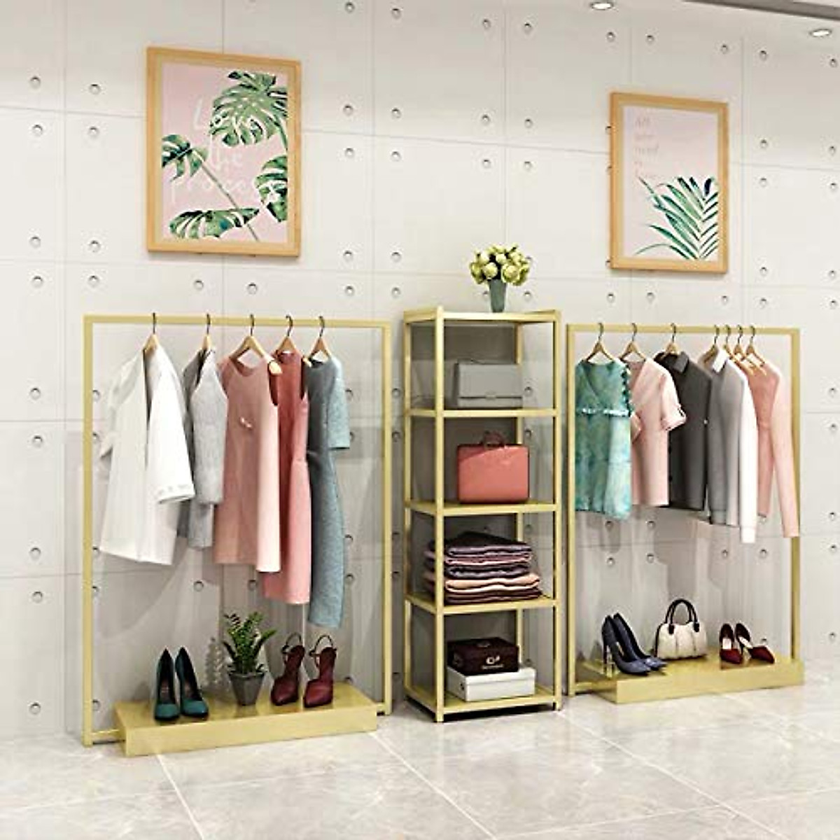 FURVOKIA Clothing Retail Heavy Duty Metal Display Rack,Floor-Standing Shoe Bag Plant Jewelry Shelves,Home Kitchen Bedroom Bathroom Office Storage Shelf (Gold Square Tube, 5-Tier)