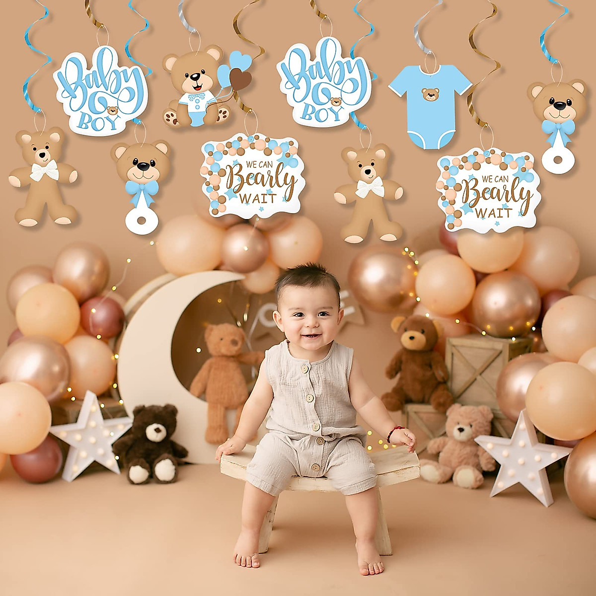 20pcs Blue Bear Baby Shower Party Hanging Swirls Decorations, We Can Bearly Wait Baby Shower Decorations for Boy, Foil Ceiling Swirls Teddy Bear Them Hanging Decor Streamers Birthday Party Supplies