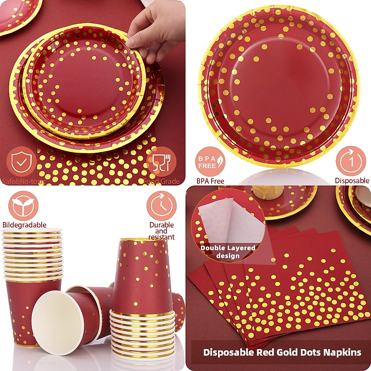 Gudvilla Burgundy and Gold Party Decorations, 200Pcs Burgundy Plates and Napkins Party Supplies, Serve 50, Maroon and Gold Graduation Decorations for Birthday Valentines Graduation Plates