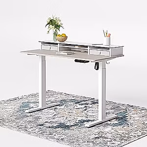 FEZIBO Electric Standing Desk with Double Drawers, 48 x 24 Inch Glass Top Monitor Stand Adjustable Sit Stand Desk with Storage Shelf, White Frame/LightWalnut Top
