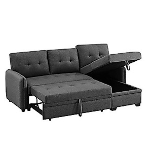 INFINI FURNISHINGS Reversible Storage Chaise Lounge 84" Wide Sectional Sofa with Pull Out Sleeper Bed, Dark Gray