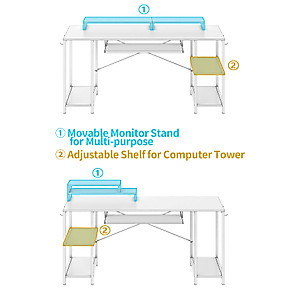 HYPIGO Workstation Desk with Keyboard Tray, 55 Inch Computer Desk with Storage Shelves Monitor Stands and 4 Iron Hooks, Industrial Desk for Home Office