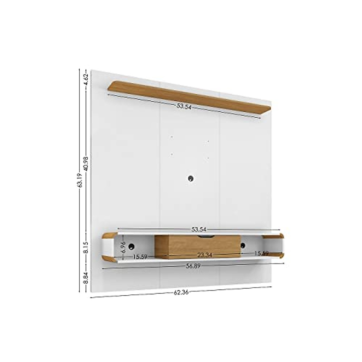 Manhattan Comfort Camberly 62.36" Floating Entertainment Center with 3 Shelves and Overhead Décor Shelf, White and Cinnamon