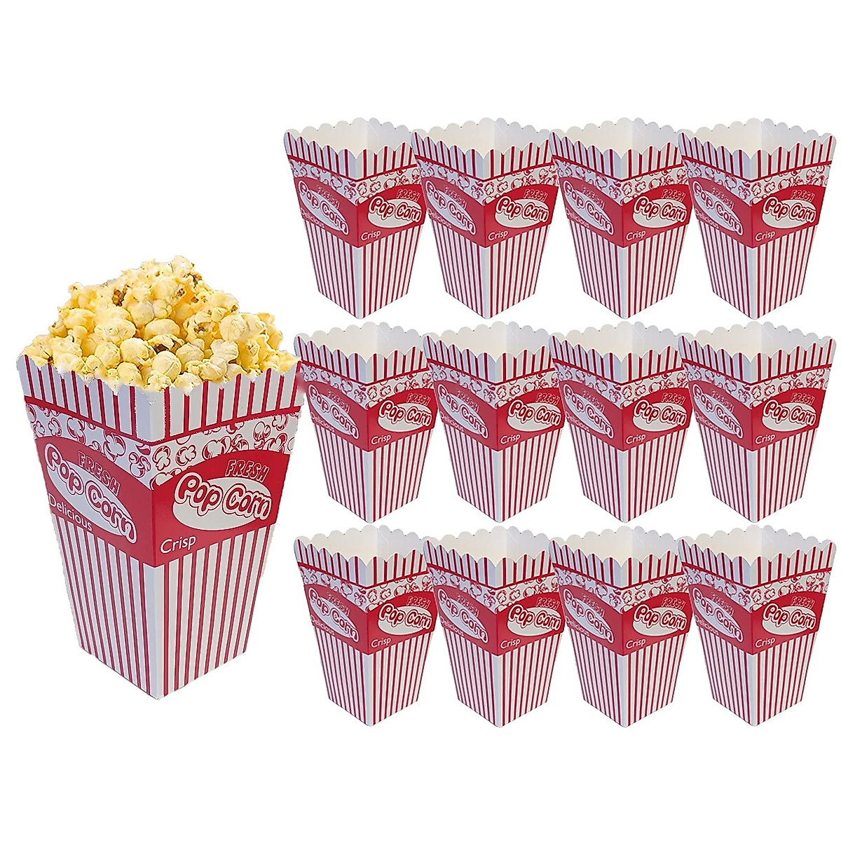 Fresh White Popcorn Carnival Red Striped Boxes (12 Pieces) 6". Paper. Delicious Crisp Snack Treat Pop Corn Candy Birthday Paty Favor Container Cardboard Disposable