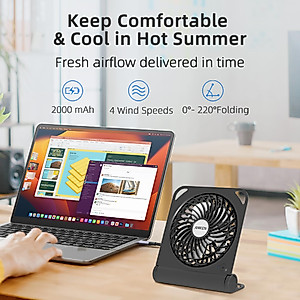 AMKEN Small Table Fans - 2000mAh USB Fan Desk Fan 4 Speeds Adjustable - 200° Tilt Folding Quiet Operation for Office Bedroom Home Desktop Camping