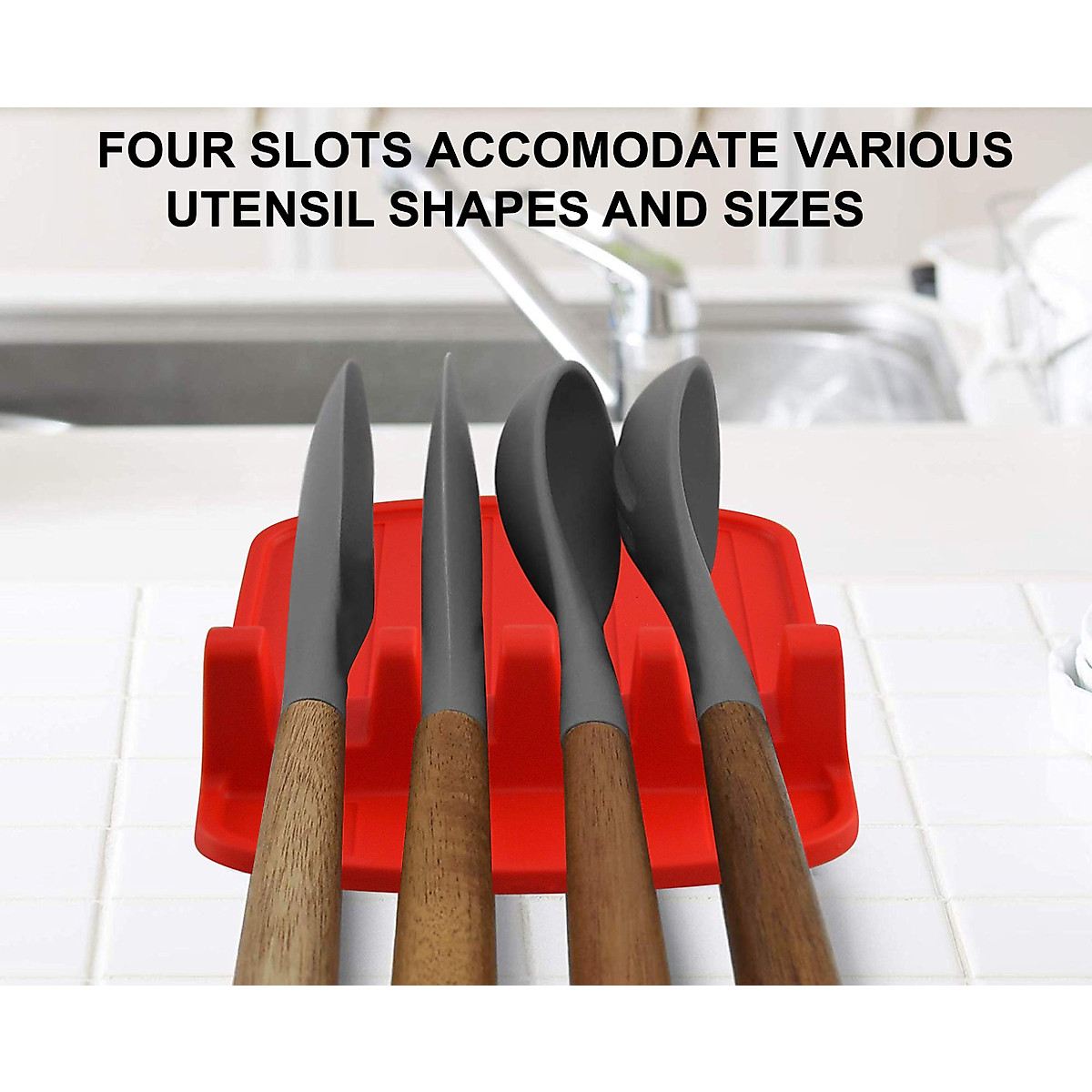 HOME-X Red Silicone Spoon Rest & Spoon Holder, Utensil Rest with Drip Pad for Multiple Utensils at Once, BPA-Free, Spoon Holder for Stove Top, Holder for Spoons, Ladles, Tongs & More, Kitchen Accessor