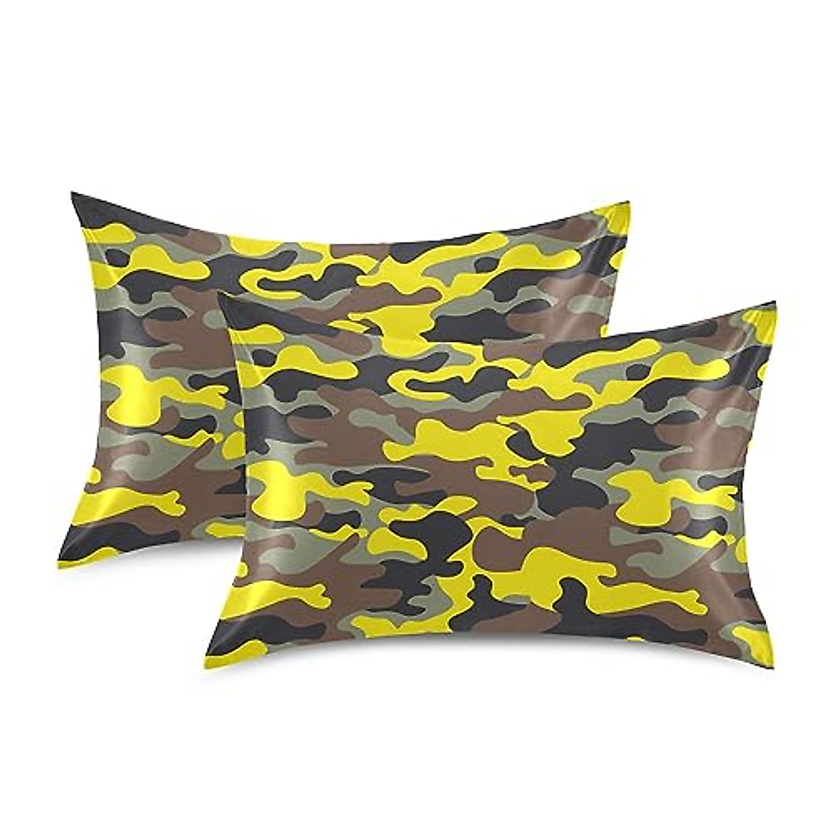 Yellow Camo Pillow Covers Silk Pillowcase for Hair and Skin Soft and Smooth Cooling Satin Pillowcase Standard Size Pillow Case for Bedroom Bed Sleeping (20x26 Inch)