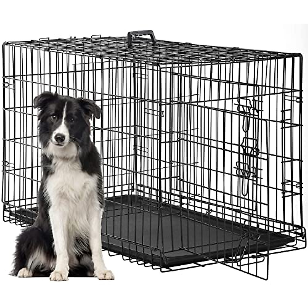 FDW Dog Crate Dog Cage Pet Crate for Large Dogs Folding Metal Pet Cage Double Door W/Divider Panel Indoor Outdoor Dog Kennel Leak-Proof Plastic Tray Wire Animal Cage (Black, 48 Inch)