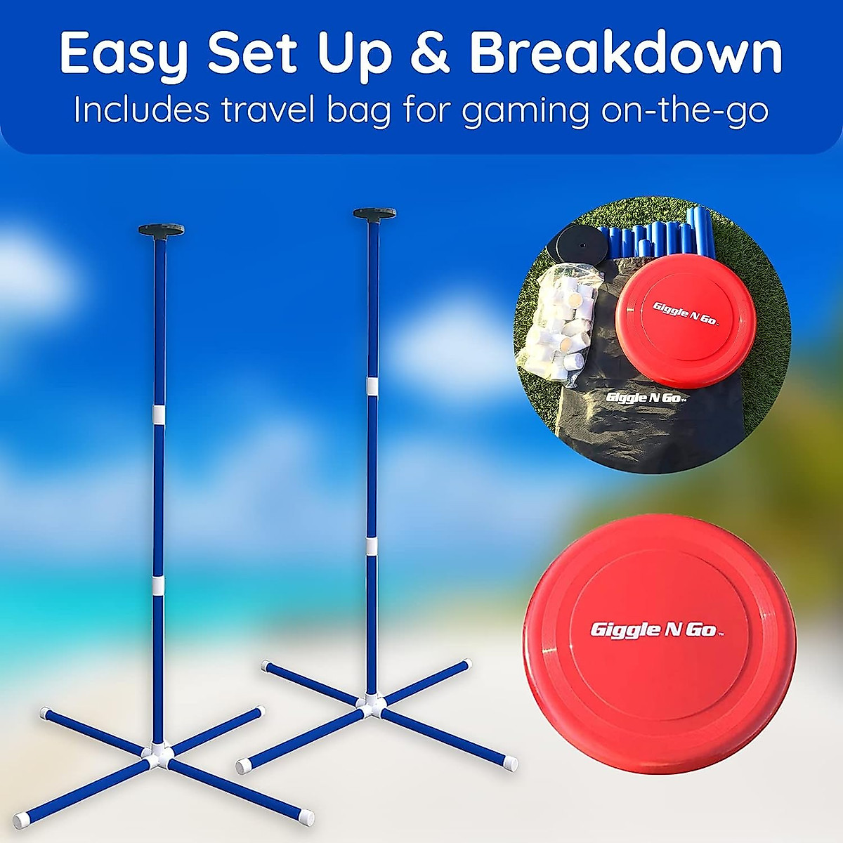 Giggle N Go Yard Games for Adults and Kids - Outdoor Polish Horseshoes Game Set for Backyard and Lawn with Frisbee, Bottle Stands, Poles and Storage Bag﻿, Easter Basket Stuffers Gifts for Kids.
