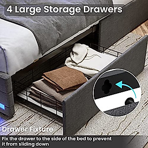 ADORNEVE Queen LED Bed Frame with 4 Drawers and 2 USB Charging Station, Queen Size Bed Frame with LED Lights Headboard Footboard, Upholstered Platform Bed with Storage, No Box Spring Needed, Dark Grey