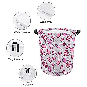 Pink Candies with Hearts Foldable Laundry Basket Waterproof Hamper Storage Bin Bag with Handle 16.5"x 16.5"x 17"
