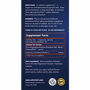 NaturalPQQ - Mitochondrial Energy Nitric Oxide Booster - Citrullis for Extended Energy. 20mg (Pyrroloquinoline Quinone)