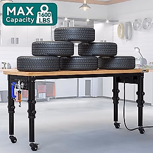 YITAHOME Work Bench 48" L X 20" W Adjustable Workbench for Garage W/Pegboard & Power Outlets Hardwood Top Heavy-Duty Workstation, 1600 LBS Load Capacity with Wheels for Workshop, Office, Home Outdoor