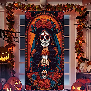 Day of The Dead Door Cover Dia De Los Muertos Backdrop Sugar Skull Rose Altar Mexican Fiesta Party Decorations and Supplies for Home