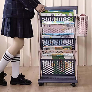 Atkits Rolling Book Shelf Organizer 6 Tier Movable Bookshelf Cart Magazine Rack Book Carts with Wheels for Bedroom Living Room Home School,Gray