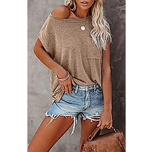 MIROL Women's Short Sleeve Tunic Tops 2023 Basic Loose T Shirts Solid Color Batwing Cap Sleeve Casual Tee Khaki