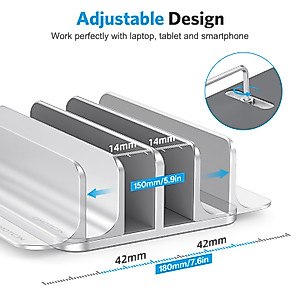 OMOTON [Updated Dock Version] Vertical Laptop Stand, Double Desktop Stand Holder with Adjustable Dock (Up to 17.3 inch), Fits All MacBook/Surface/Samsung/HP/Dell/Chrome Book (Silver)