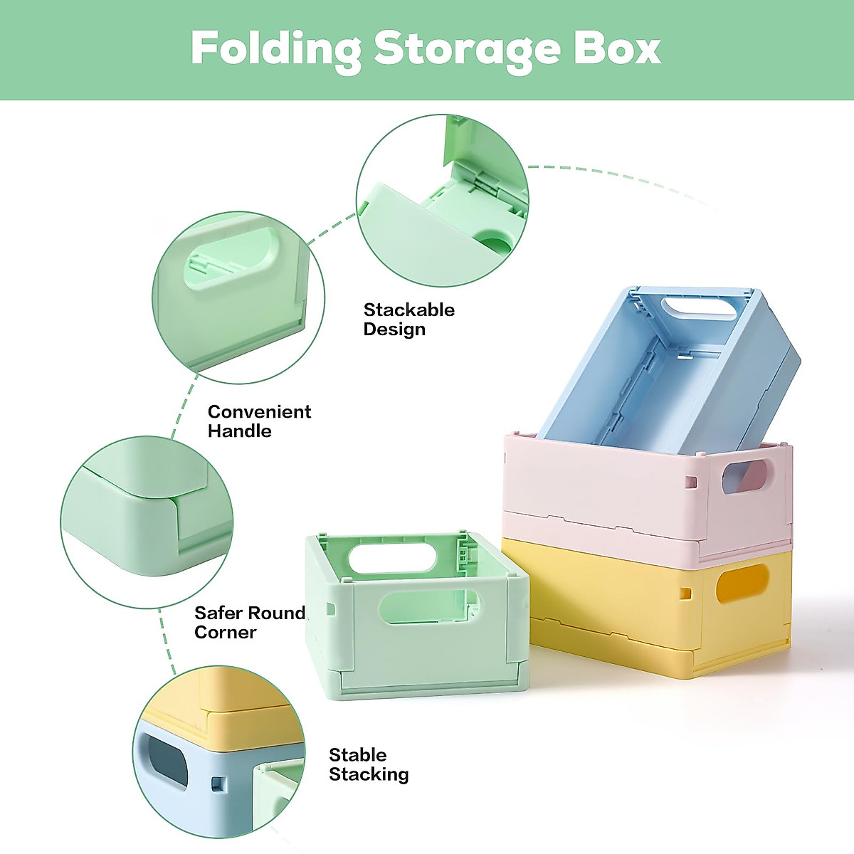 TRZZ 2-Pack Mini Pastel Crates Organizer Collapsible Plastic Storage Basket Small Crate Storage, Stackable Cute Bins for Office & Home Bedroom, Bathroom and Kitchen Storage Decor, Blue (6.5"4.8"2.9")