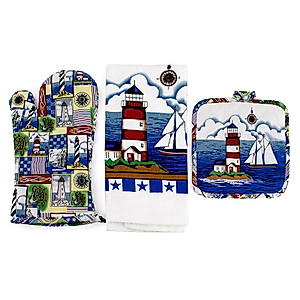 Capes Treasures Nautical Summer Kitchen Set - Dish Towel, Pot Holder, and Oven Mitt (Sailboat and Lighthouses)