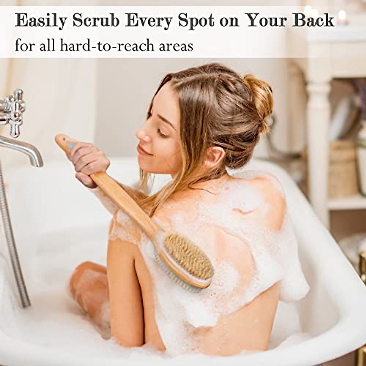 FREATECH Long Handle Body Brush Back Scrubber Exfoliator - 17.3" Wooden Bath Shower Brush, Dual-sided Brush Head with Soft Nylon Bristles and Stiff Natural Bristles for Wet or Dry Brushing