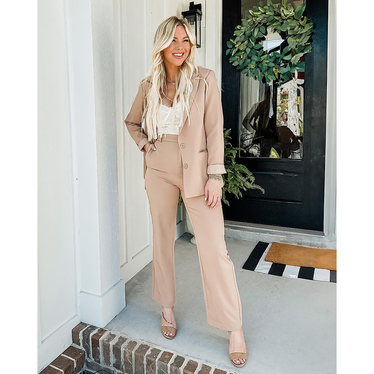 luvamia 2 Piece Outfits for Women Dressy Blazer Jackets High Waisted Straight Leg Pants Suits Set Business Casual Office Fall Outfits for Women Womens Fall Clothes Wide Leg Dress Pants for Women