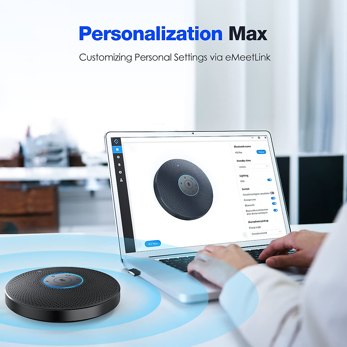 Bluetooth Speakerphone - EMEET M2 Max 48kHz Professional 4 HD Mics Conference Speaker up to 15 People, VOICEIA Noise Reduction & Enhanced 360° Voice Pickup, USB Dongle Daisy Chain For Home Office Gray