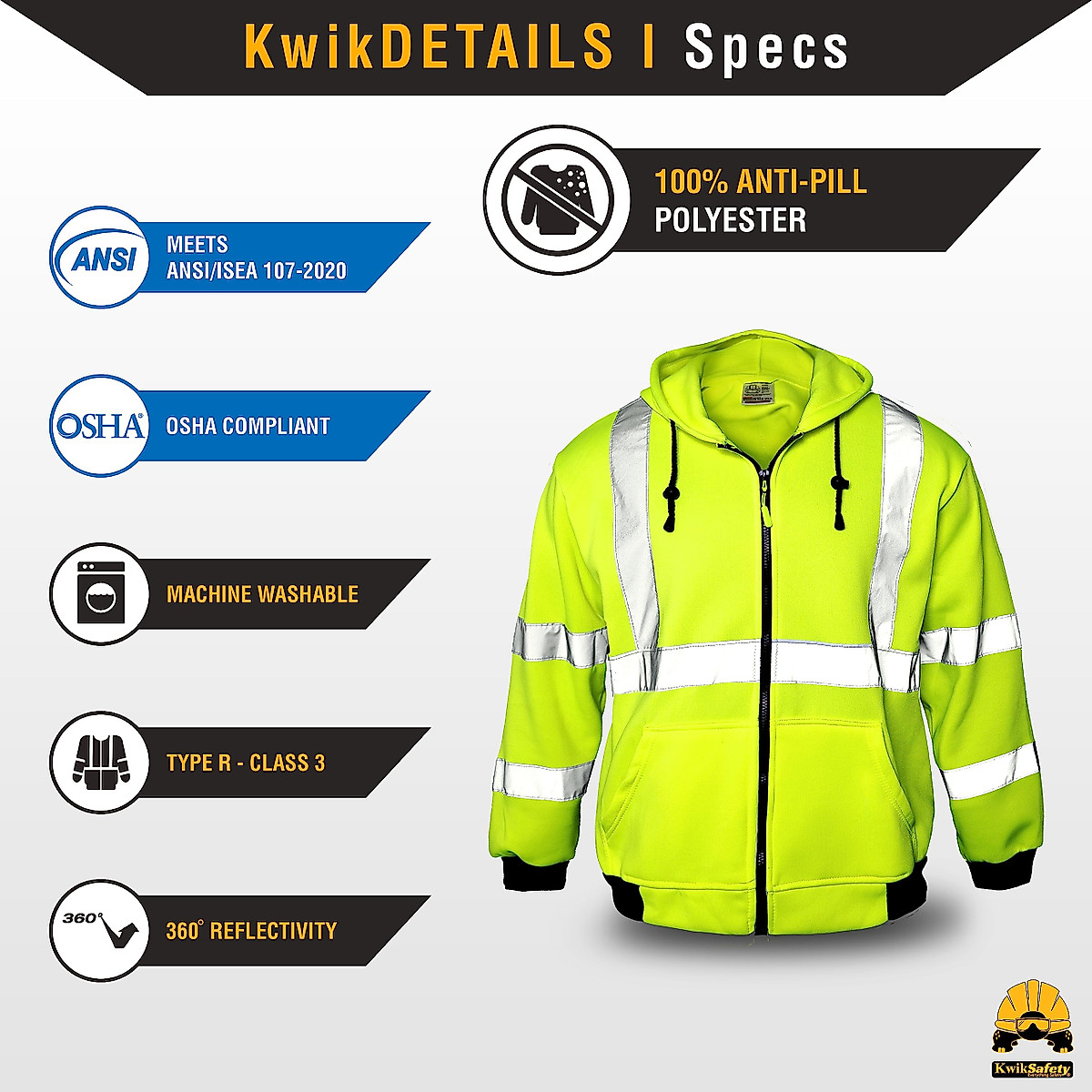 KwikSafety - Charlotte, NC - PATROL Safety Jacket [NO FUZZ Balls] Class 3 ANSI Tested OSHA Compliant Reflective Mens Fleece Hoodie/Yellow XL