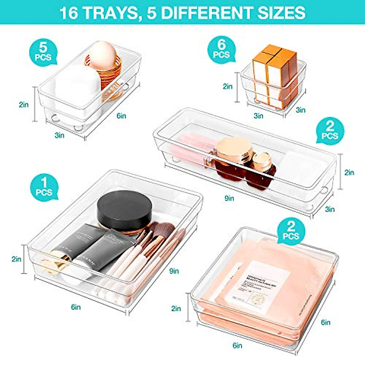 KPX 16pcs Makeup Drawer Organizer Set, Clear Plastic Desk Drawer Dividers, 5-Size Vanity Cosmetic Trays with Non-Slip Pads, Storage Bins for Kitchen Utensil,Jewelries and Office Accessories (16)