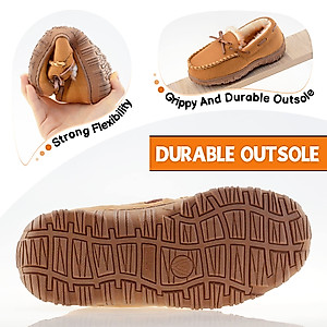 House Moccasins Slippers for Boys with Memory Foam Nonslip Rubber Sole Indoor Outdoor Shoes - Beige Big Kid 1