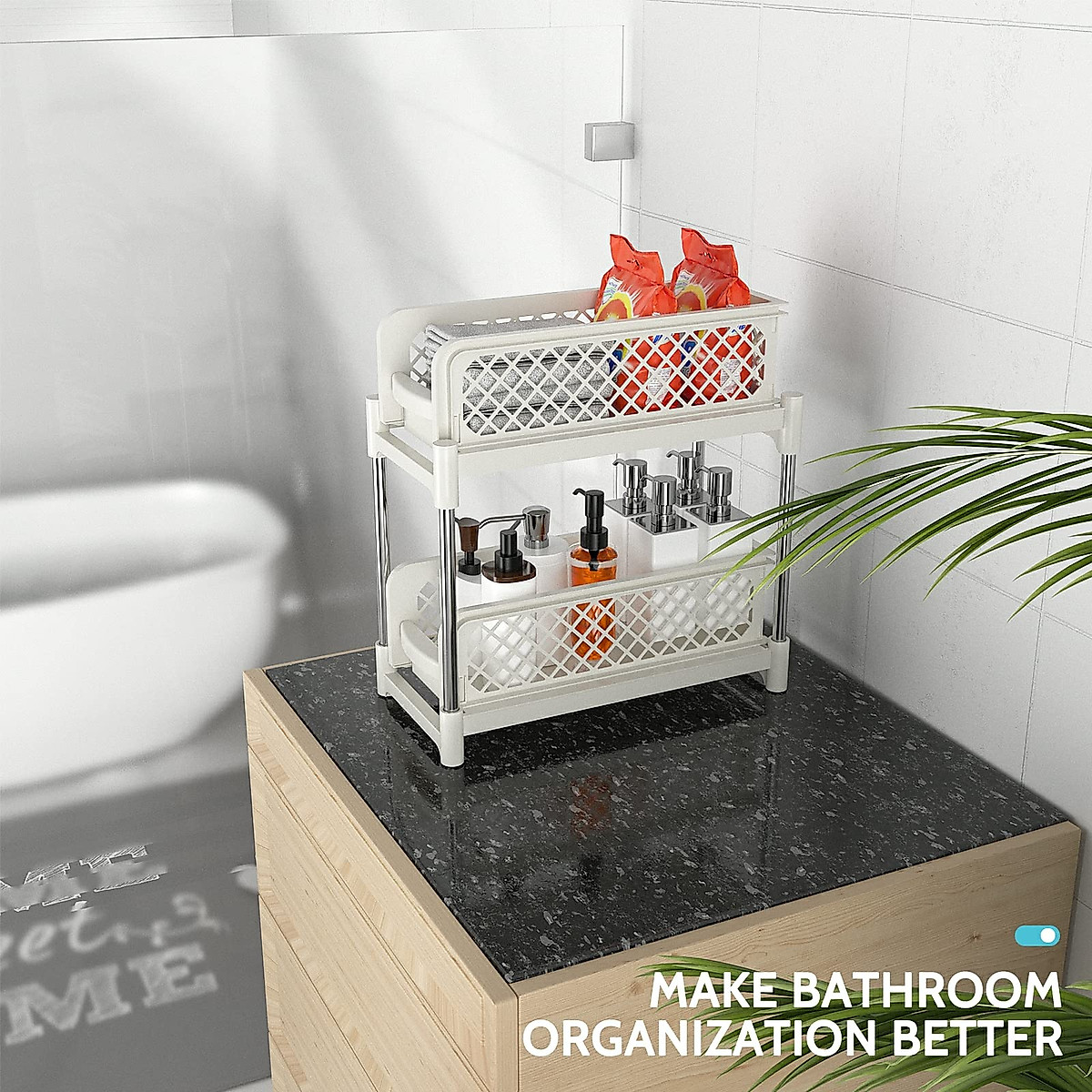 Under Sink Organizers and Storage,2 Tier Pull Out Bathroom Sink Organizer, Sliding Cabinet Basket Organizer with 4 Hooks,2 Hanging Cups, Under Sink Storage for Bathroom, Kitchen, Cleaning Supplies.