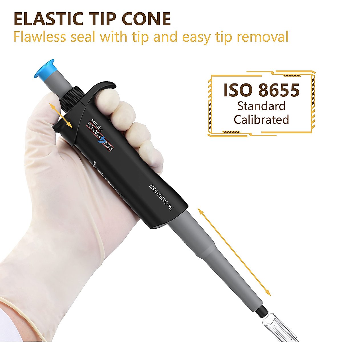 PER4MANCE Pipette - 100~1000µL Adjustable Single Channel Pipette, ISO Calibrated Low Plunger-Force Ergonomic Micropipette with Autoclavable Lower and Universal Tip Cone, Ultra-Light Precise Pipettor