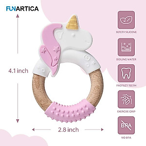 Silicone and Wood Teether Ring in Organic & Natural 100% Food Grade Silicone & Beech Wood, Unicorn Teething Toy (Pink-1pack)