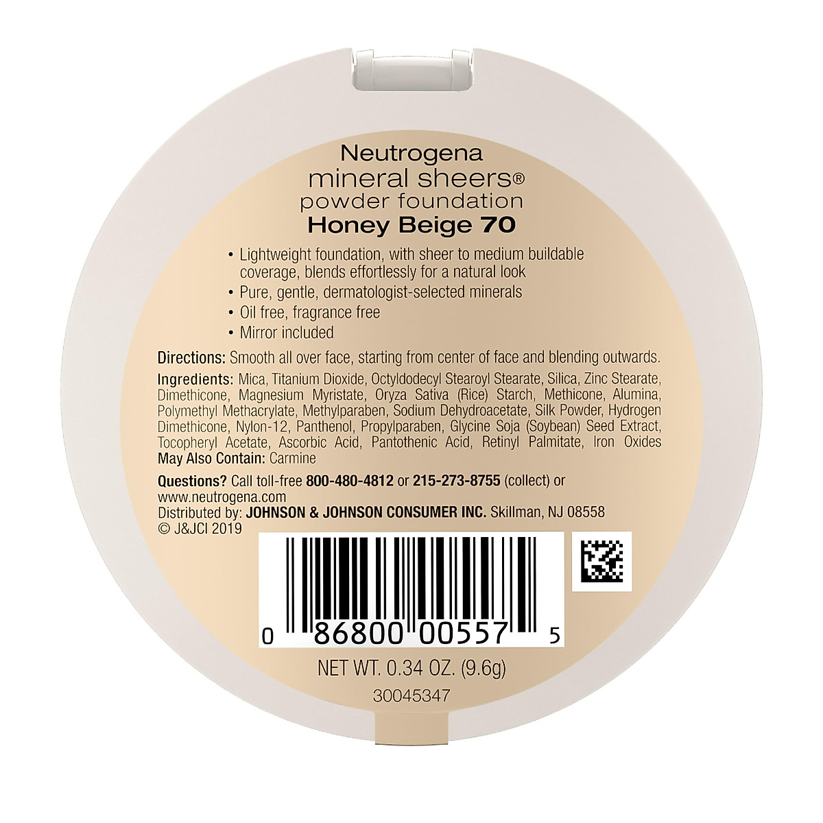 Neutrogena Mineral Sheers Compact Powder Foundation, Lightweight & Oil-Free Mineral Foundation, Fragrance-Free, Honey Beige 70,.34 oz (Pack of 2)