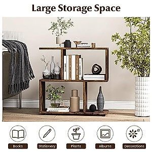 Giantex 3-Tier Geometric Bookshelf, 24" Tall Wood S-Shaped Display Shelves with Thick Foot Pads, Freestanding Open Shelves Nightstand, Floor Standing Display Shelf Bookcase, Brown