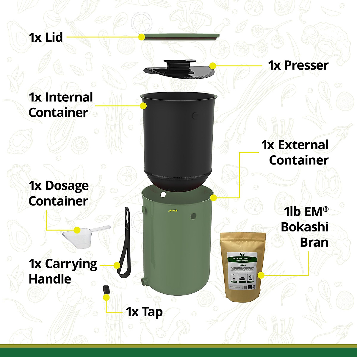 TeraGanix Bokashi Compost Bin + 1 Lb Bokashi Bran, Kitchen Countertop Composter, All Season Indoor Composting, Easily Drain Liquids, Odor Free, Airtight Lid, 2.5 Gallon, Olive