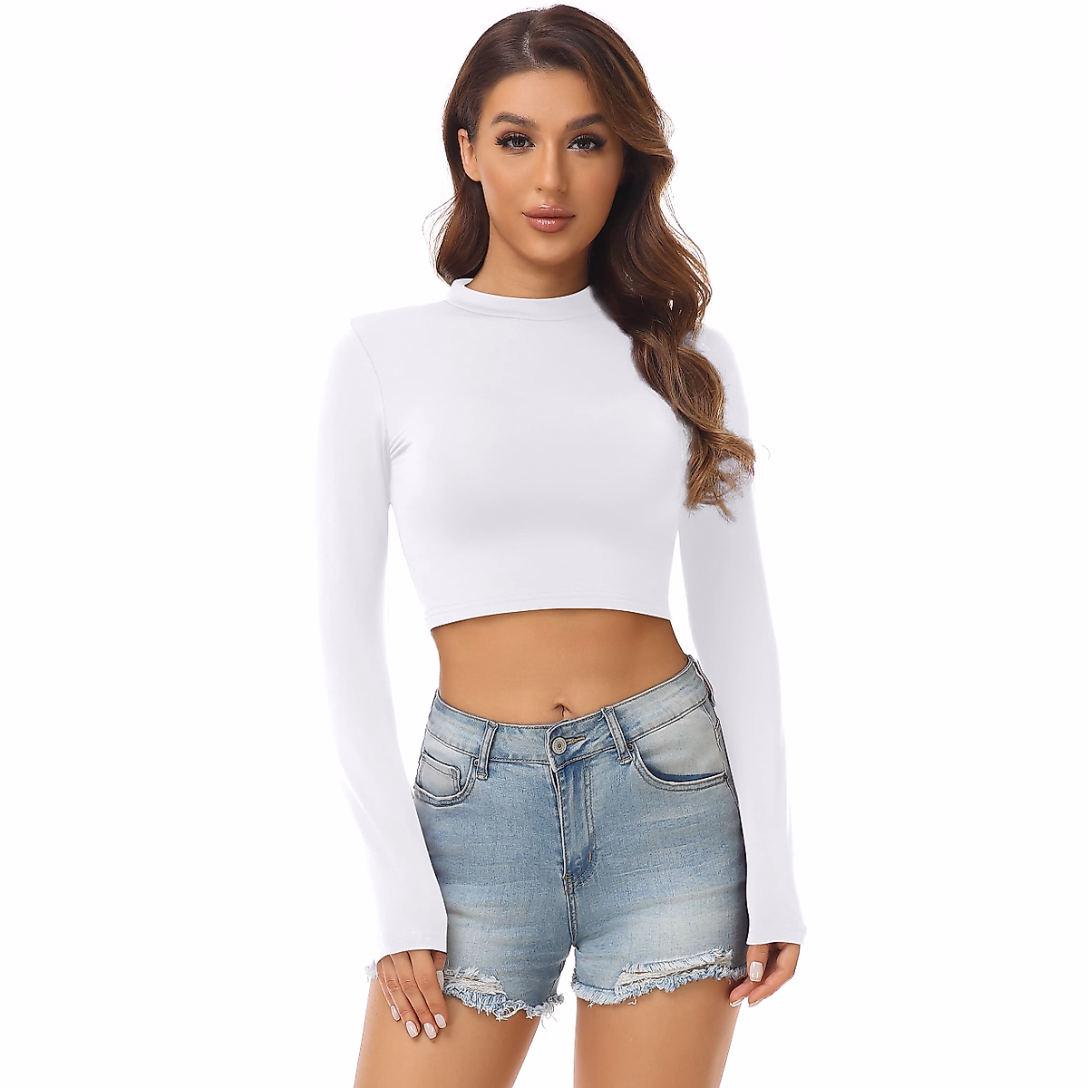 AUHEGN Women's Crop Topss Mock Turtleneck Long Sleeve Lightweight Base Layer Shirts White X-Large