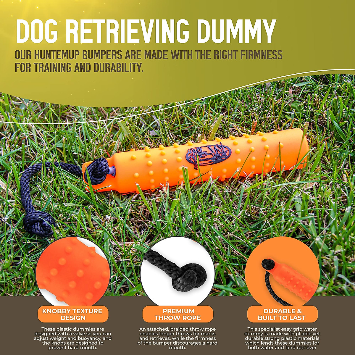 HuntEmUp Standard Size Plastic Dog Training Bumper with Throw Rope Dog Retrieving Dummy Duck Dog Hunting Training Tool Highly Visible Dog Float Toy – Orange