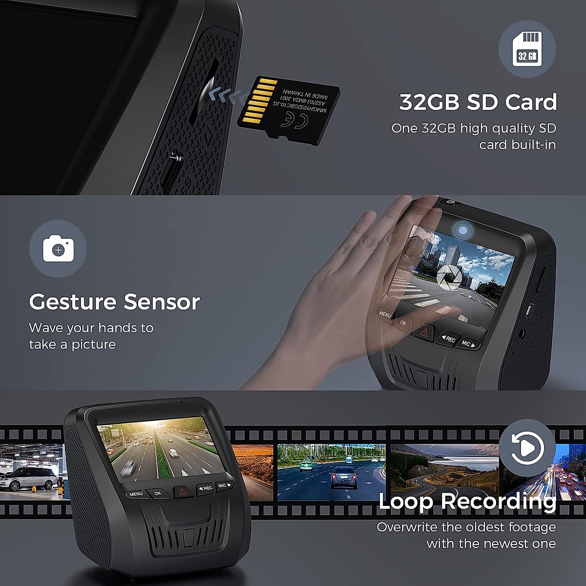 NEZINI Car Dash Cam, Dashboard Camera Recorder with 32GB Memory Card, FHD 1080P, 3" LCD Screen, Driving Recorder with Sony Video Sensor, Parking Mode, 150° Angle, Loop Recording, Night Vision, WDR