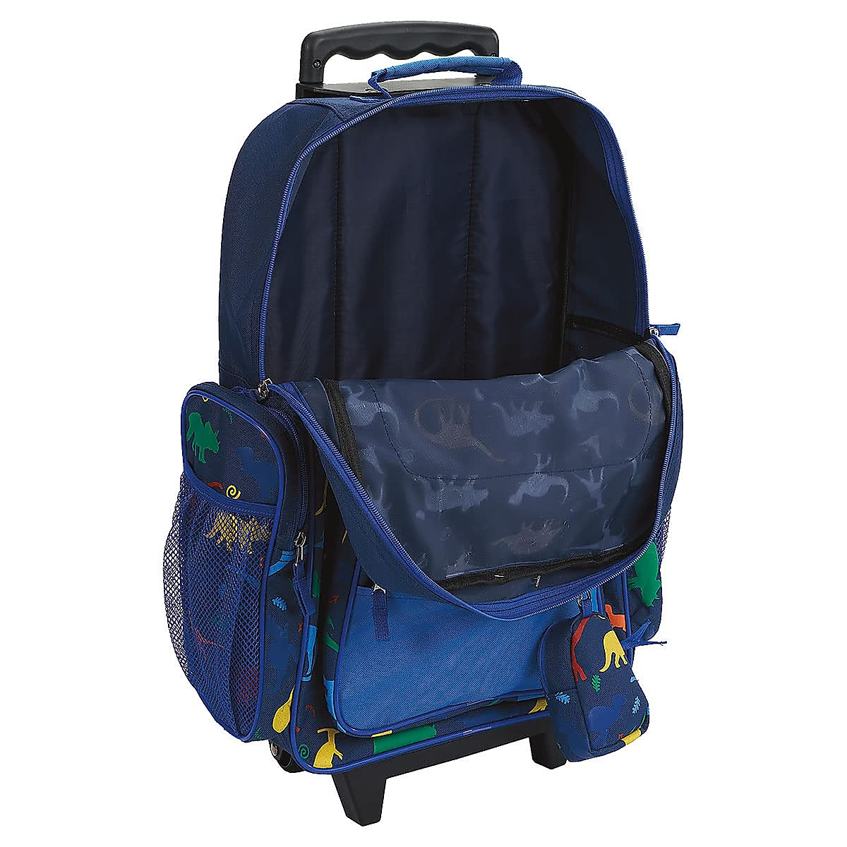 Lillian Vernon Personalized Rolling Luggage for Kids, 5-Pocket Dinosaur Suitcase Set With Clip-On Pouch, Customizable Boys Travel Carrier on Wheels, 6W x 15.5L x 23”H