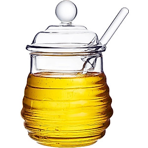 GMFINE Glass Honey Jar with Dipper Stick, Beehive Honey Pot Containers with Dipper and Lid Set for Storing Honey and Syrup, 10 oz, Clear