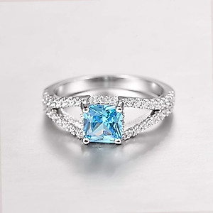 Empsoul 925 Sterling Silver Wedding Ring Princess Cut 6.5x6.5mm Blue Topaz Wedding Engagement Promise Ring Size 6